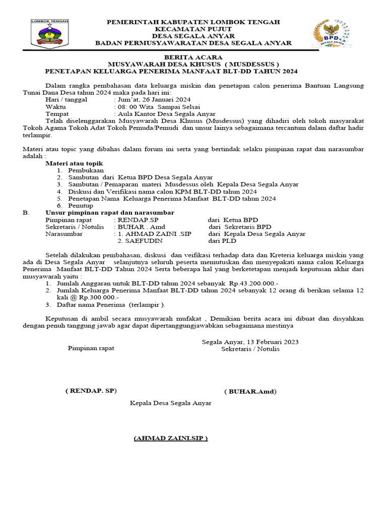 Berita Acara Musdesus BLT 2024docx | PDF