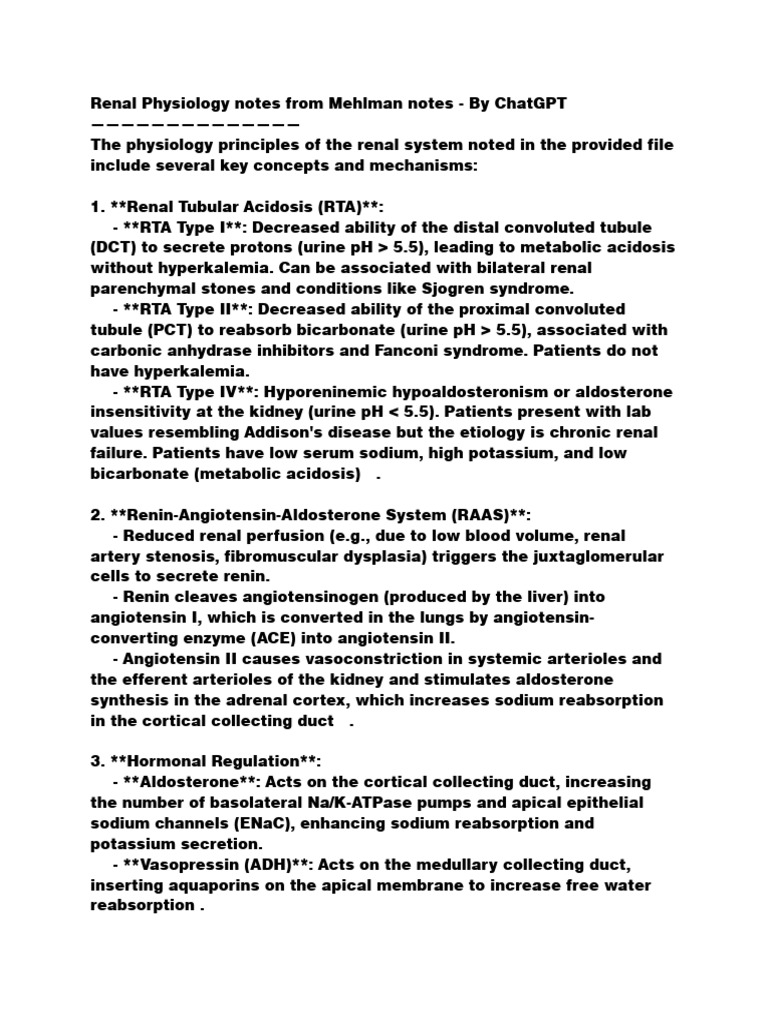 Renal Physiology Notes | PDF | Kidney | Urinary System