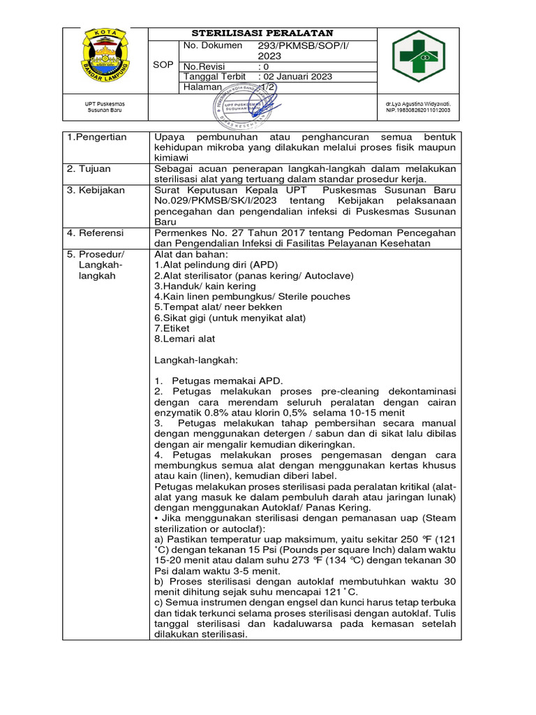 SOP Sterilisasi Alat Medis di Puskesmas | PDF | Teknologi & Rekayasa