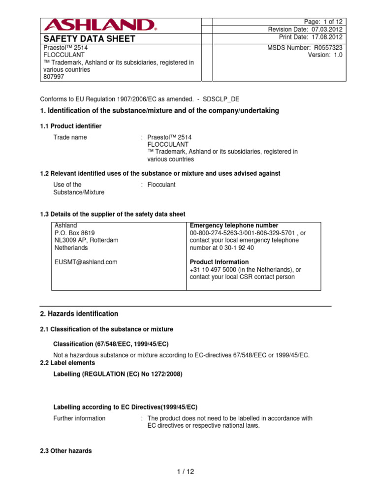 Praestol 2514 Flocculant MSDS | PDF | Dangerous Goods | Safety