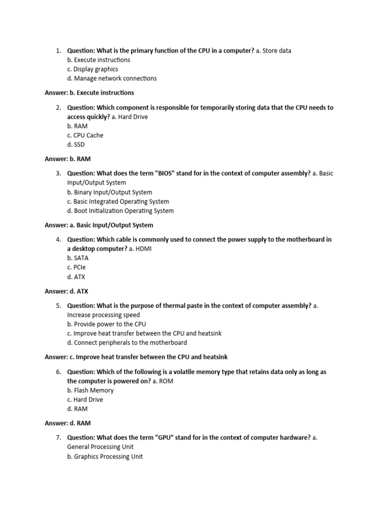 Computer Assembly Faqs And Answers Pdf Random Access Memory Bios