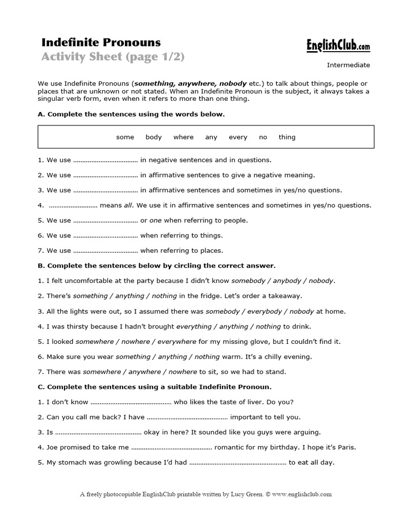 English Indefinite Pronouns | PDF | Languages | Foreign Language Studies