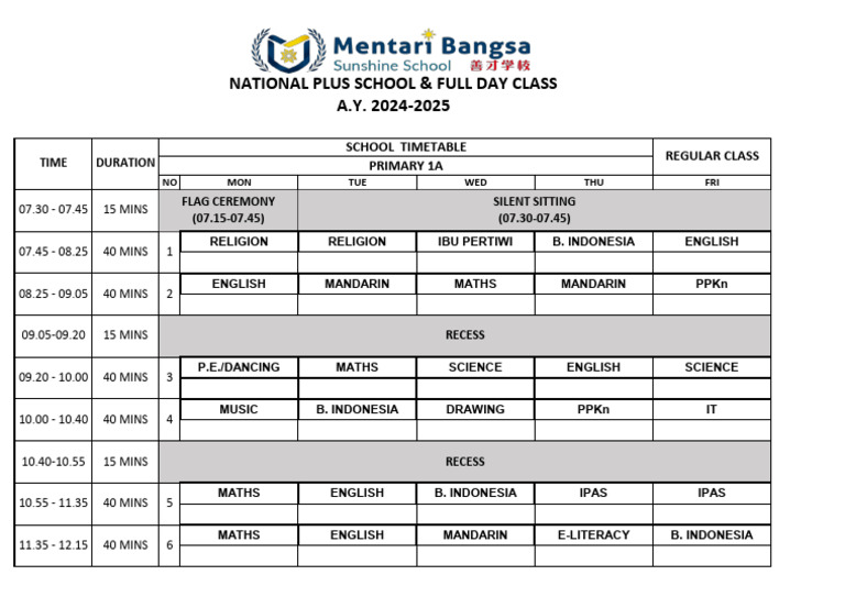 Primary 1a Schedule | PDF