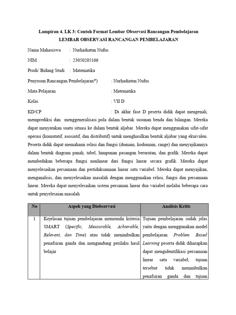 Lampiran 4. LK 3 Contoh Format Lembar Observasi Rancangan Pembelajaran | PDF