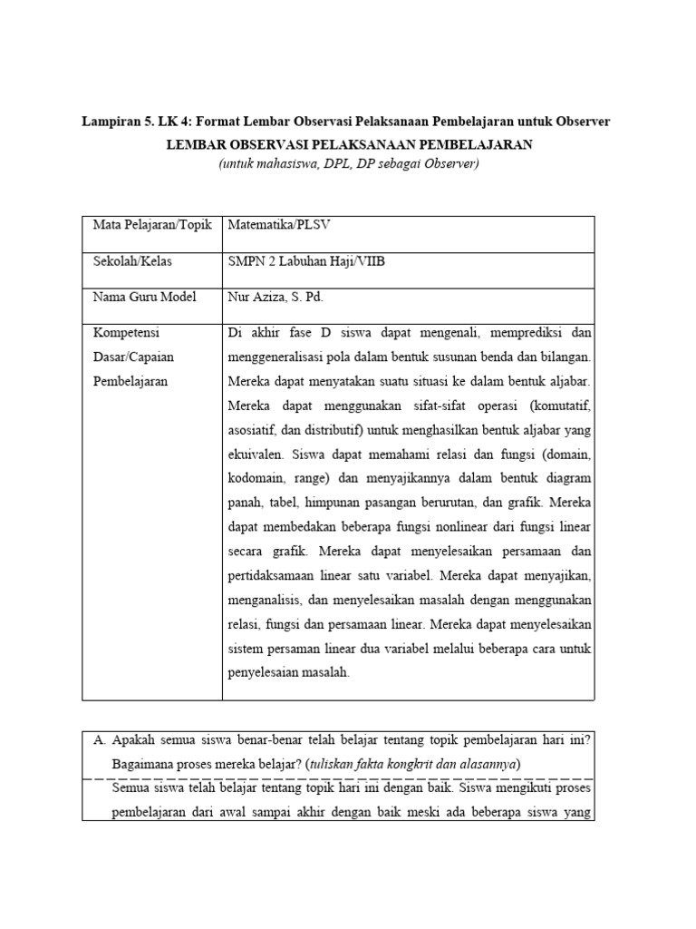 Lampiran 5. LK 4 Format Lembar Observasi Pelaksanaan Pembelajaran Untuk Observer | PDF