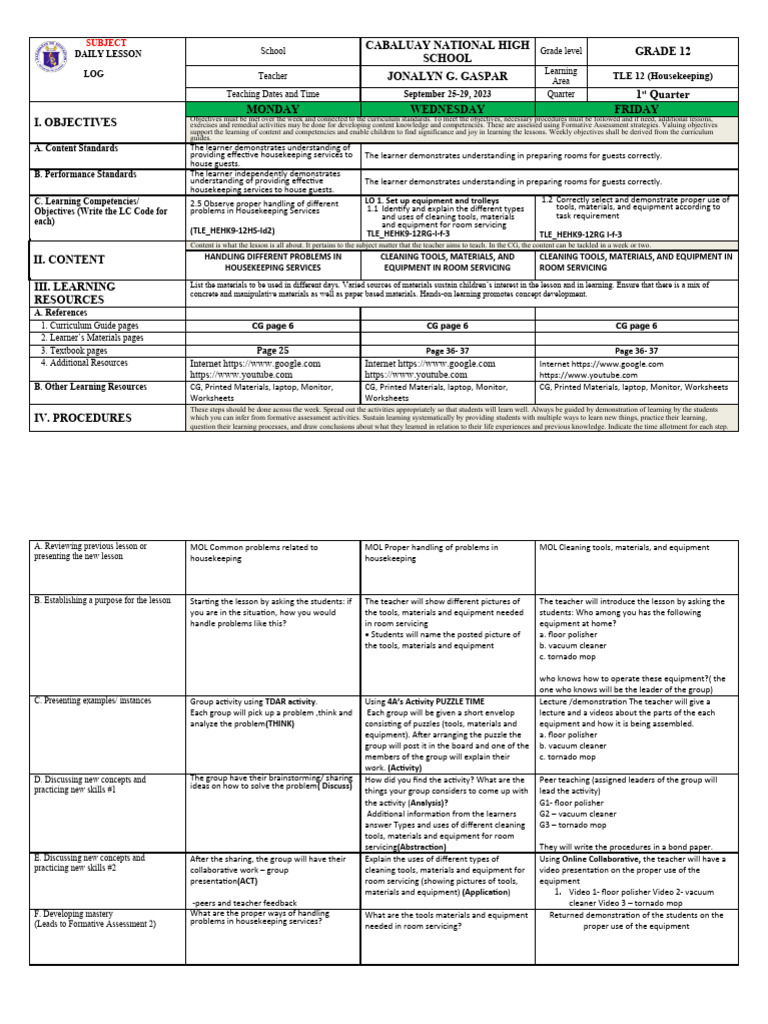 Tle Week 4 | PDF | Learning | Housekeeping