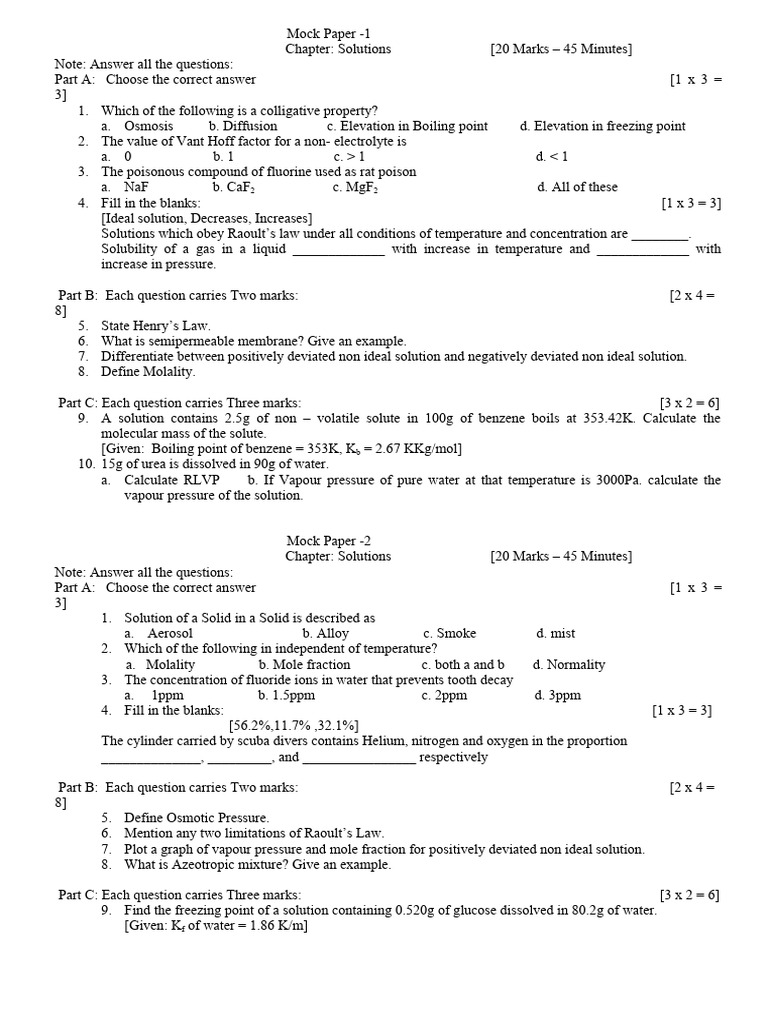 Mock Paper 1 and 2 Solution | PDF | Chemical Substances | Homogeneous ...