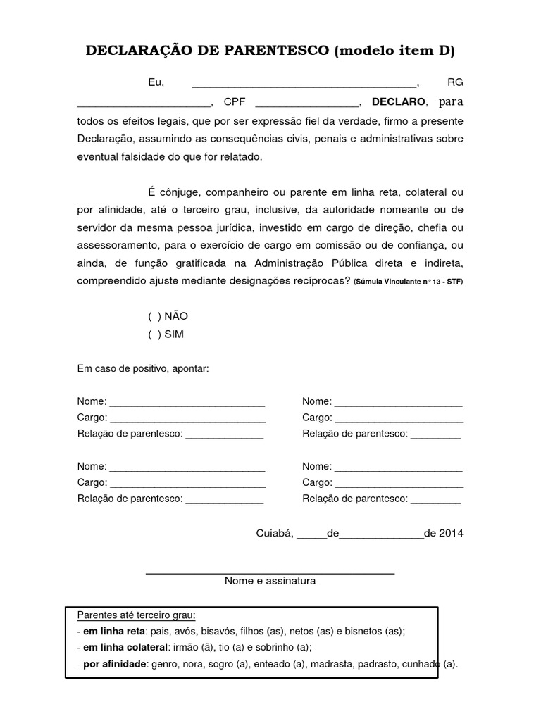 Modelo de Declaração de Grau de Parentesco | PDF