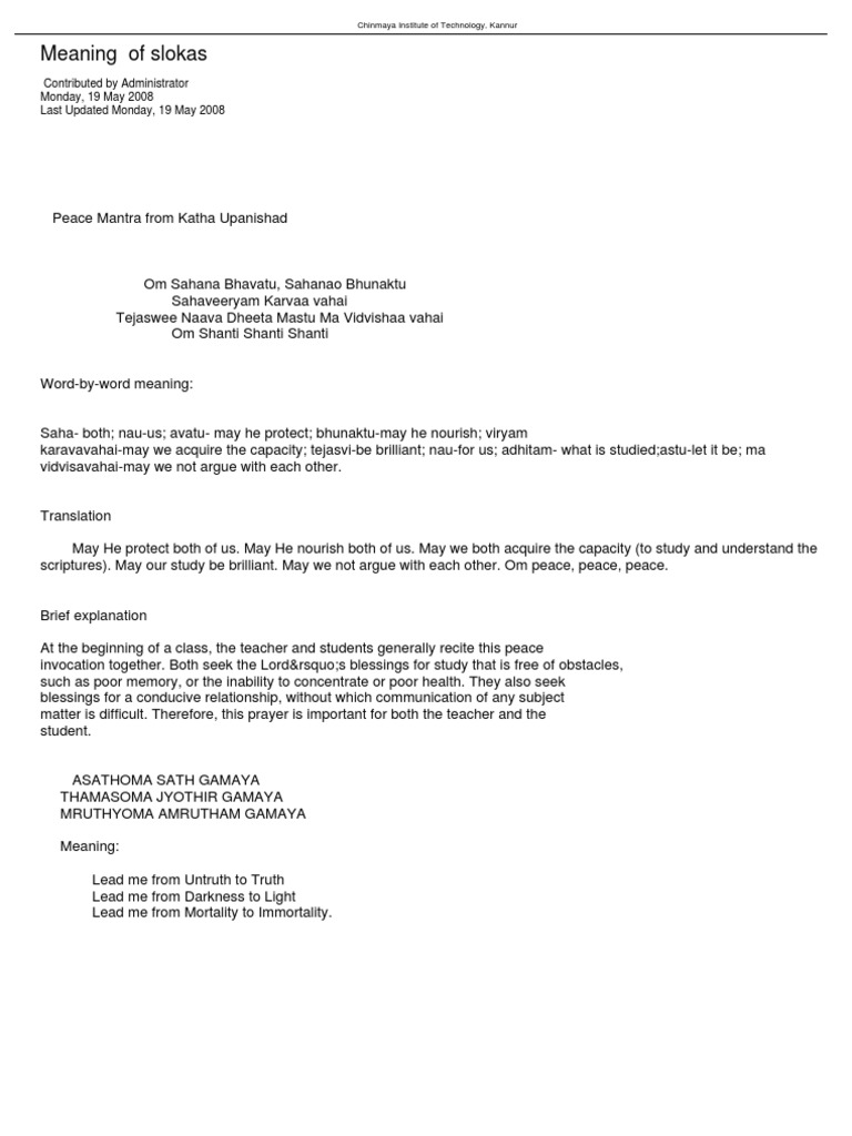 Understanding Peace Mantras in Slokas | PDF | Language Arts ...