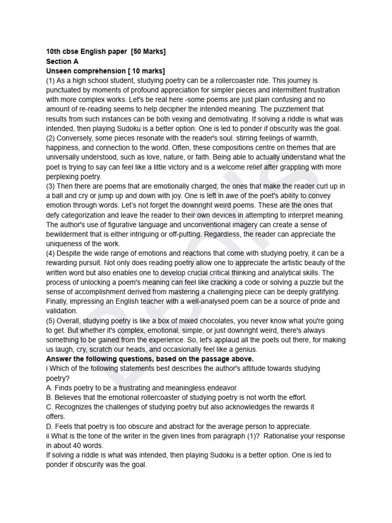 10th Cbse English Paper | PDF | Poetry