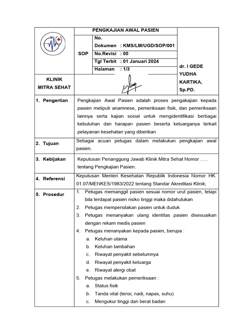 Sop Pengkajian Awal Pasien | PDF