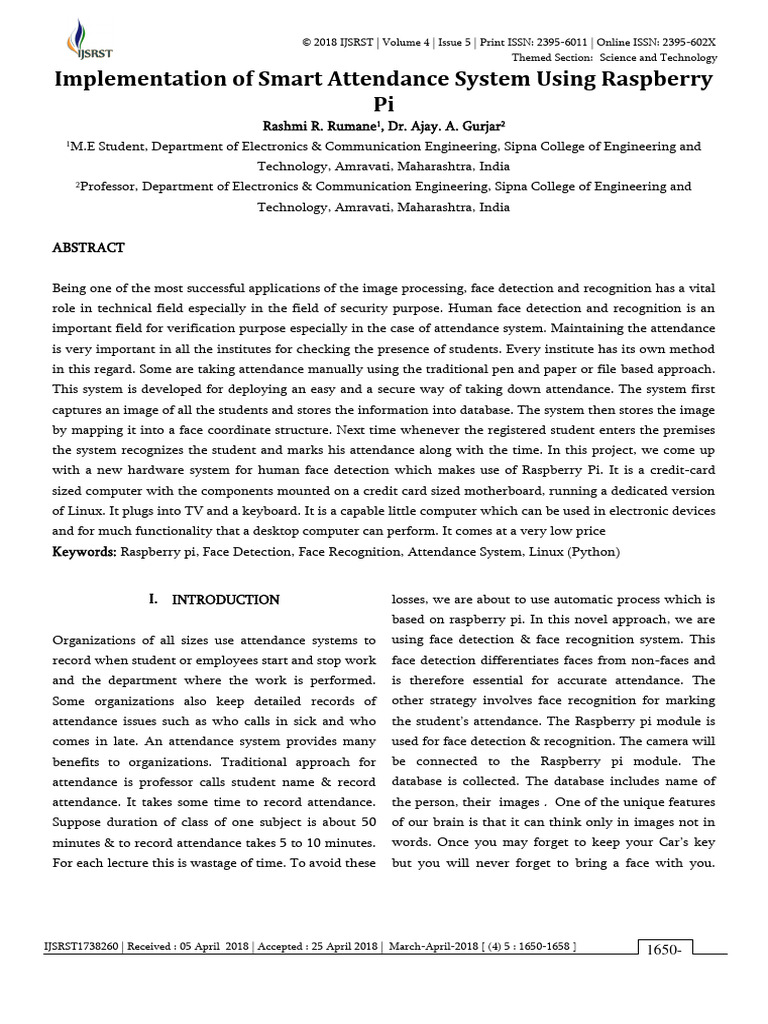 Implementation of Smart Attendance Syste | PDF | Raspberry Pi | Usb