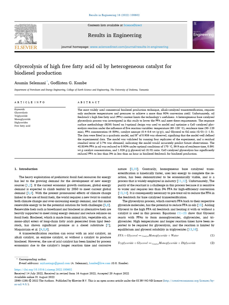 Glycerolysis of High Free Fatty Acid Oil by Heterogeneous Catalyst For ...