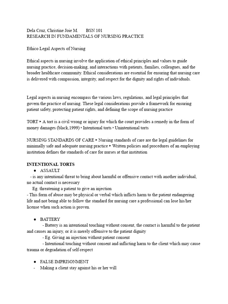 Ethical and Legal Aspects of Nursing | PDF | Nursing | Tort