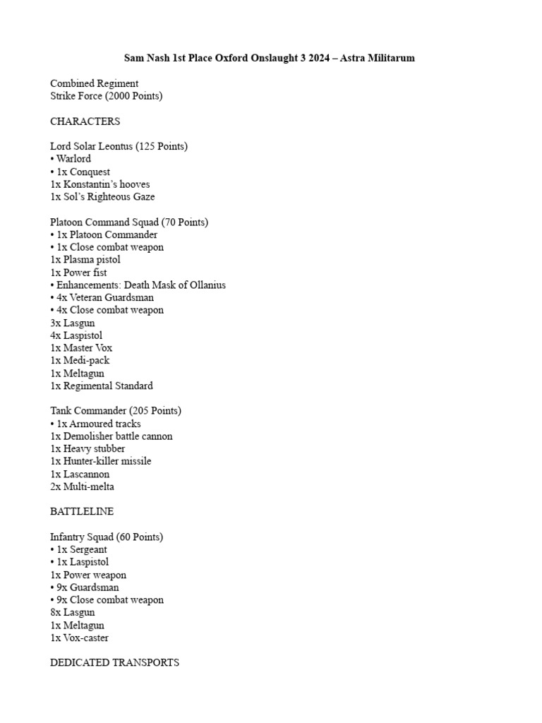 Sam Nash 1st Place Oxford Onslaught 3 2024 - Astra Militarum | PDF ...