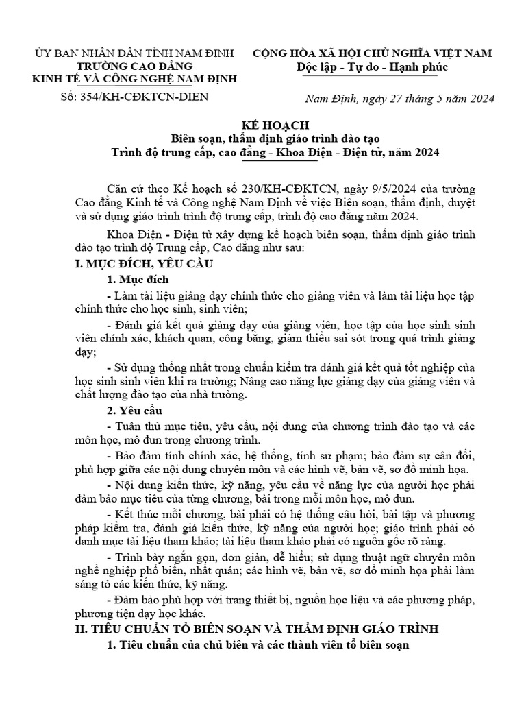 Phụ lục 4. Kế hoạch biên soạn giáo trình khoa Dien 2 | PDF