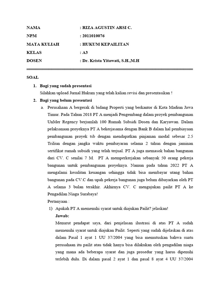 UAS Hukum Kepailitan - Riza Agustin Arsi Capriyani - 2011010076 - A3 | PDF
