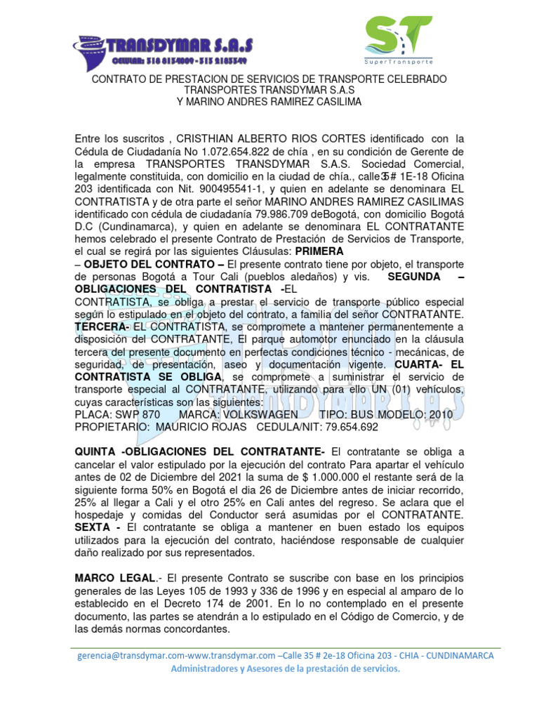 Contrato Turismo TDM y MARINO RAMIREZ | PDF | Póliza de seguros