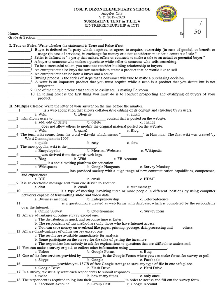 Epp Ict 6 Periodical Examination | PDF | Sales | Wiki