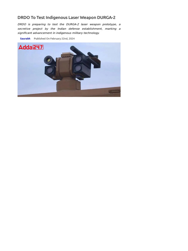 DRDO To Test Indigenous Laser Weapon DURGA-2 | PDF | Technology ...
