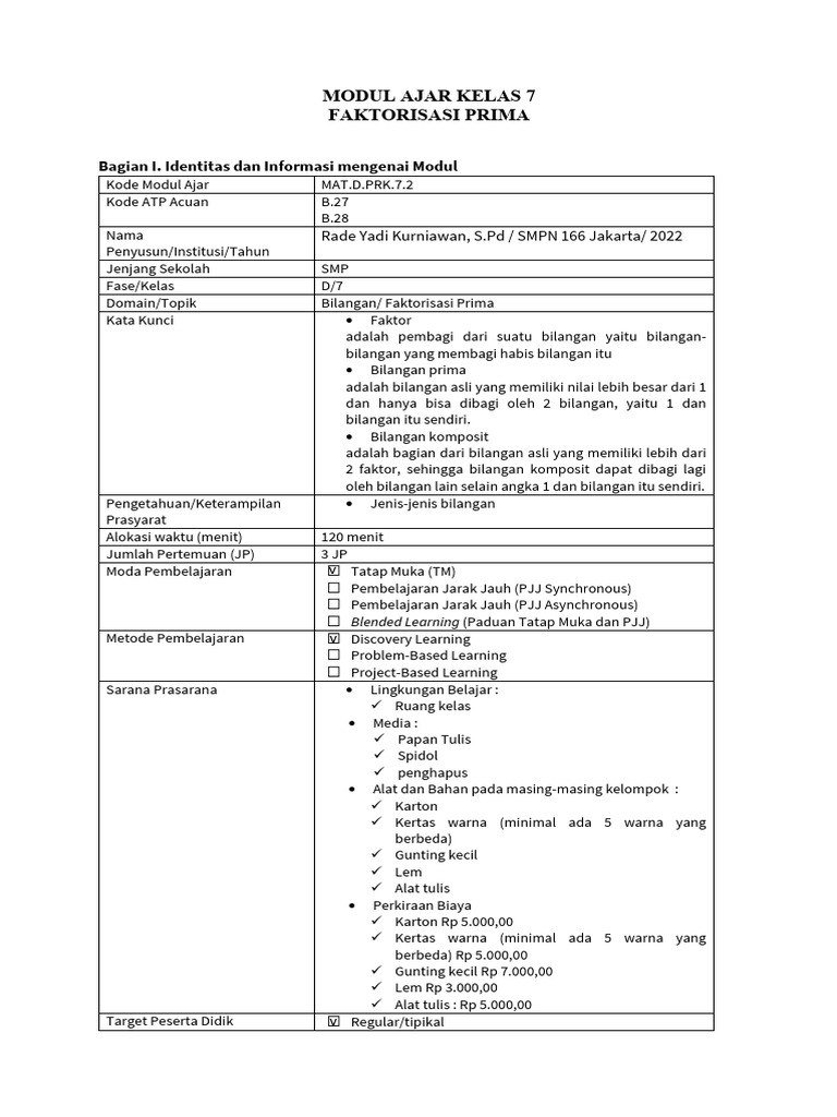 Modul Ajar Kelas 7 Faktorisasi Prima | PDF