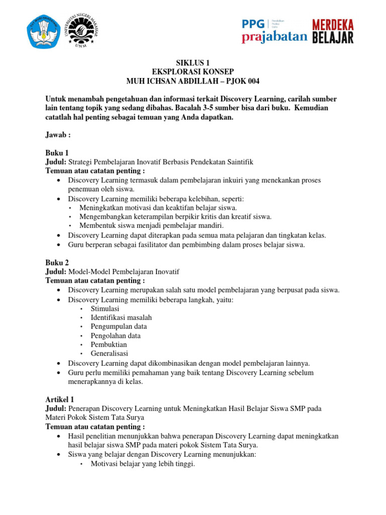 Siklus 1 - Eksplorasi Konsep - Discovery Learning | PDF | Pengembangan Diri