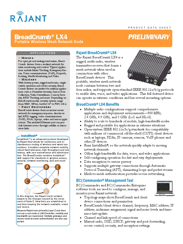 Rajant Breadcrumb LX4 Data Sheet | PDF | Voice Over Ip | Computer Network