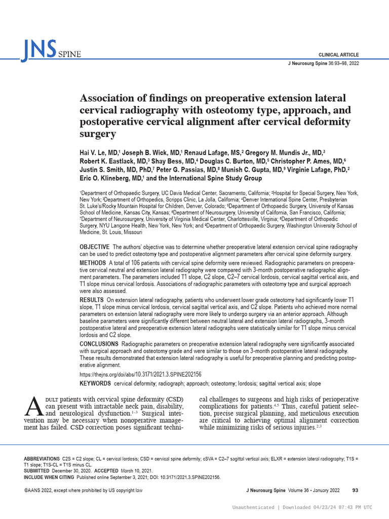 26 J Neurosurg Spine Article p93 | PDF | Vertebra | Musculoskeletal System