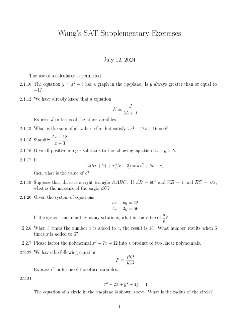 Wang's SAT Math Practice Problems | PDF