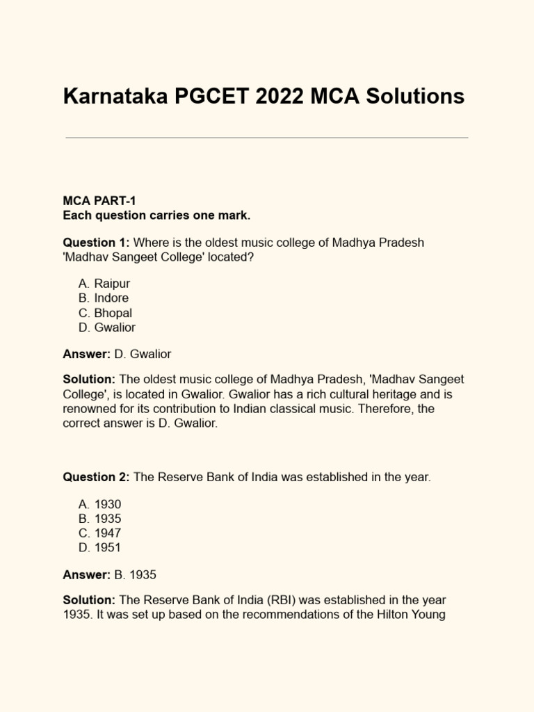 Karnataka PGCET 2022 MCA Solutions | PDF | Mathematics
