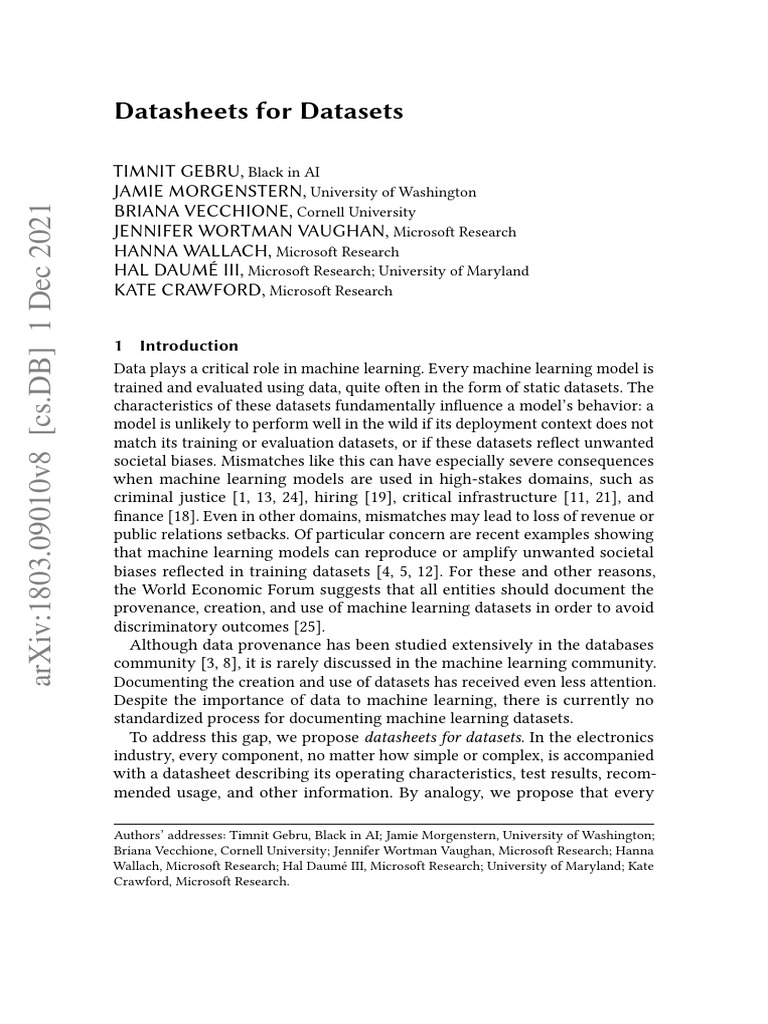 Datasheets For Datasets | PDF | Machine Learning | Data