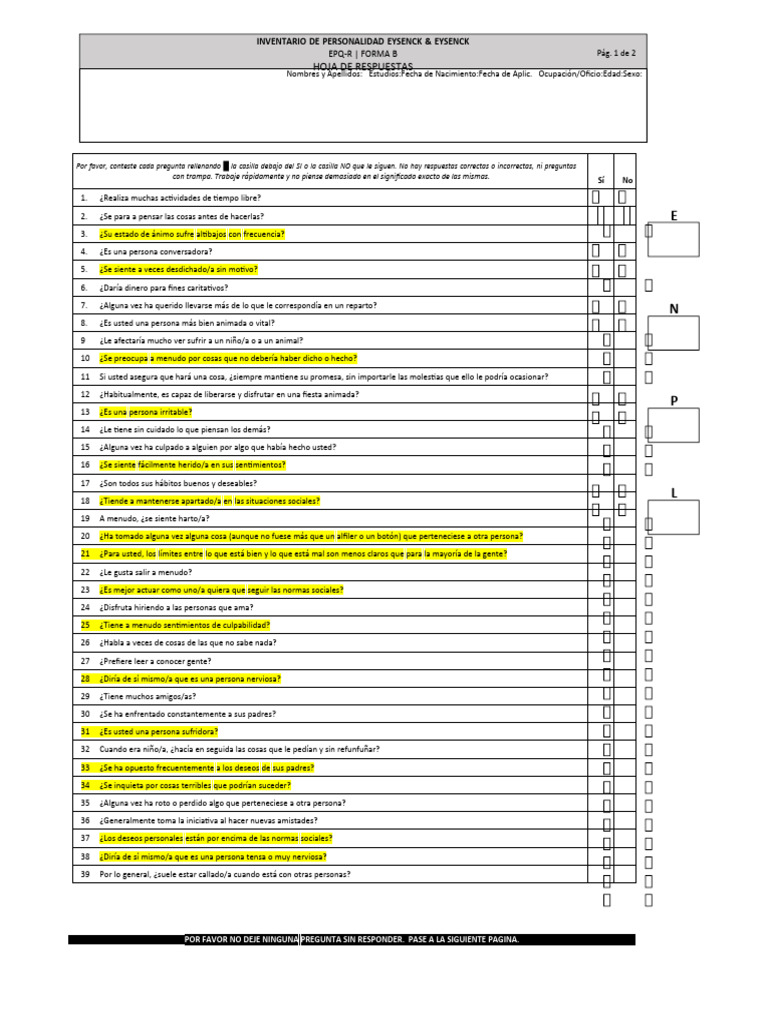 Inventario de Personalidad EPQ-R | PDF