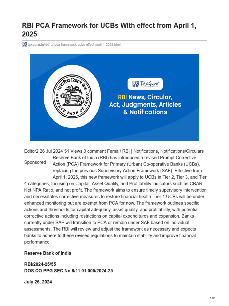 Taxguru - in-RBI PCA Framework For UCBs With Effect From April 1 2025 ...