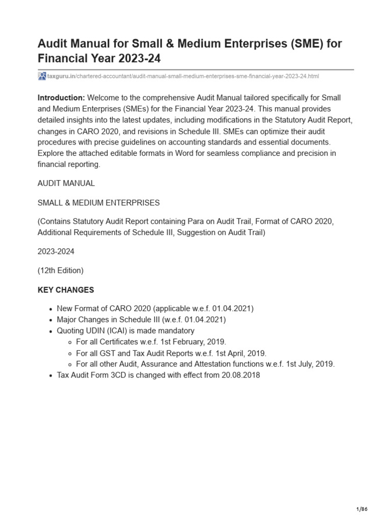 SME Audit Manual FY 2023-24 | PDF | Financial Statement | Audit