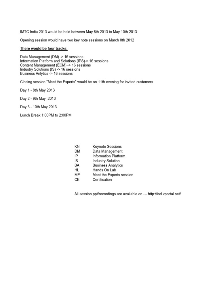 IMTC 2013 - Technical Tracks and Sessions | PDF | Ibm Db2 | Analytics