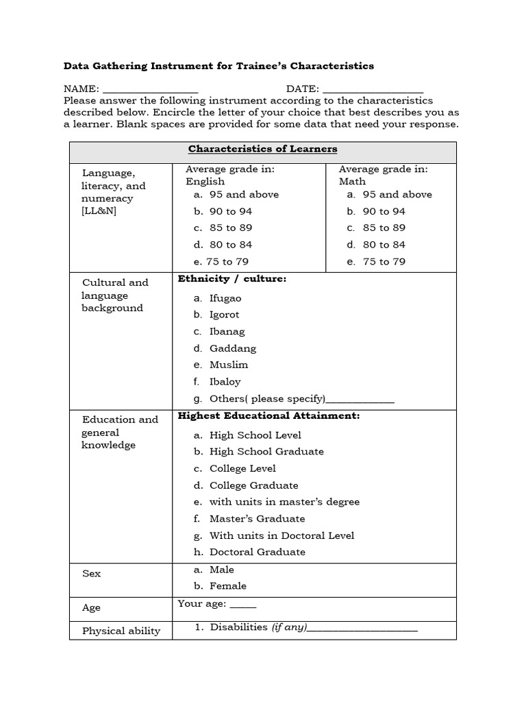 01 Data Gathering Tool | PDF | Learning | Learning Styles