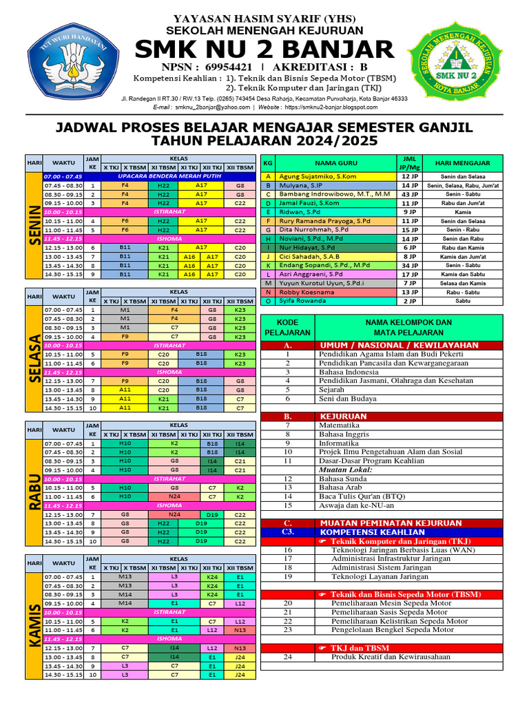 Jadwal SMT Ganjil TA. 2024-2025 - SMK NU 2 Banjar | PDF
