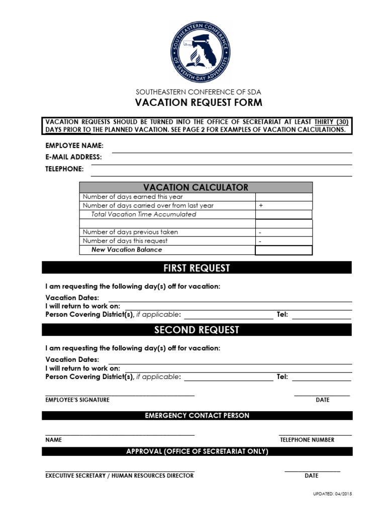 Vacation Request Form Example | PDF | Vacation