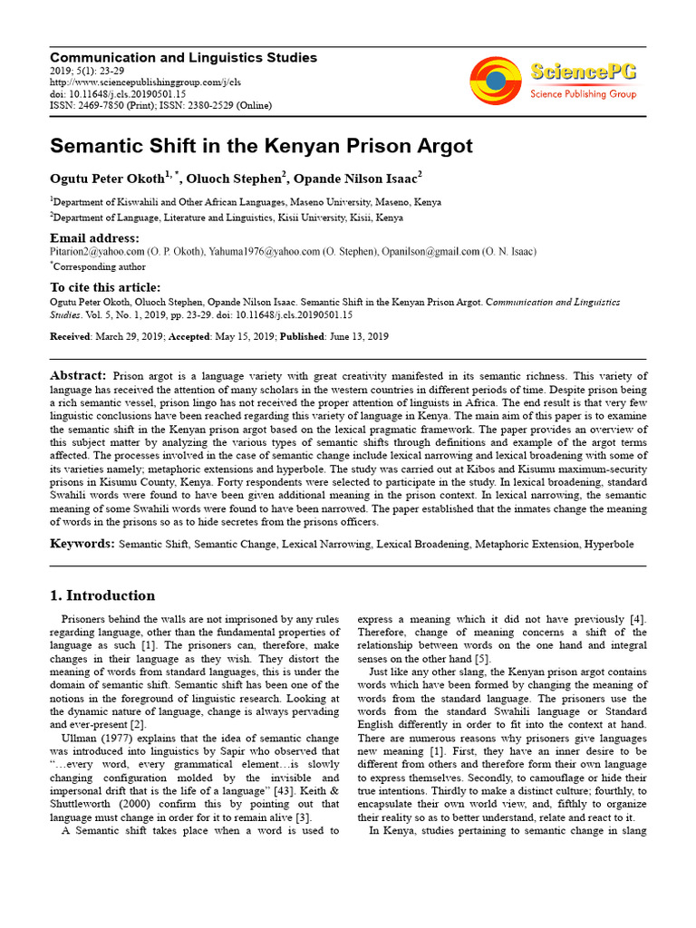 Semantic Shift in The KenyanPrison Argot | PDF | Semantics | Lexicon