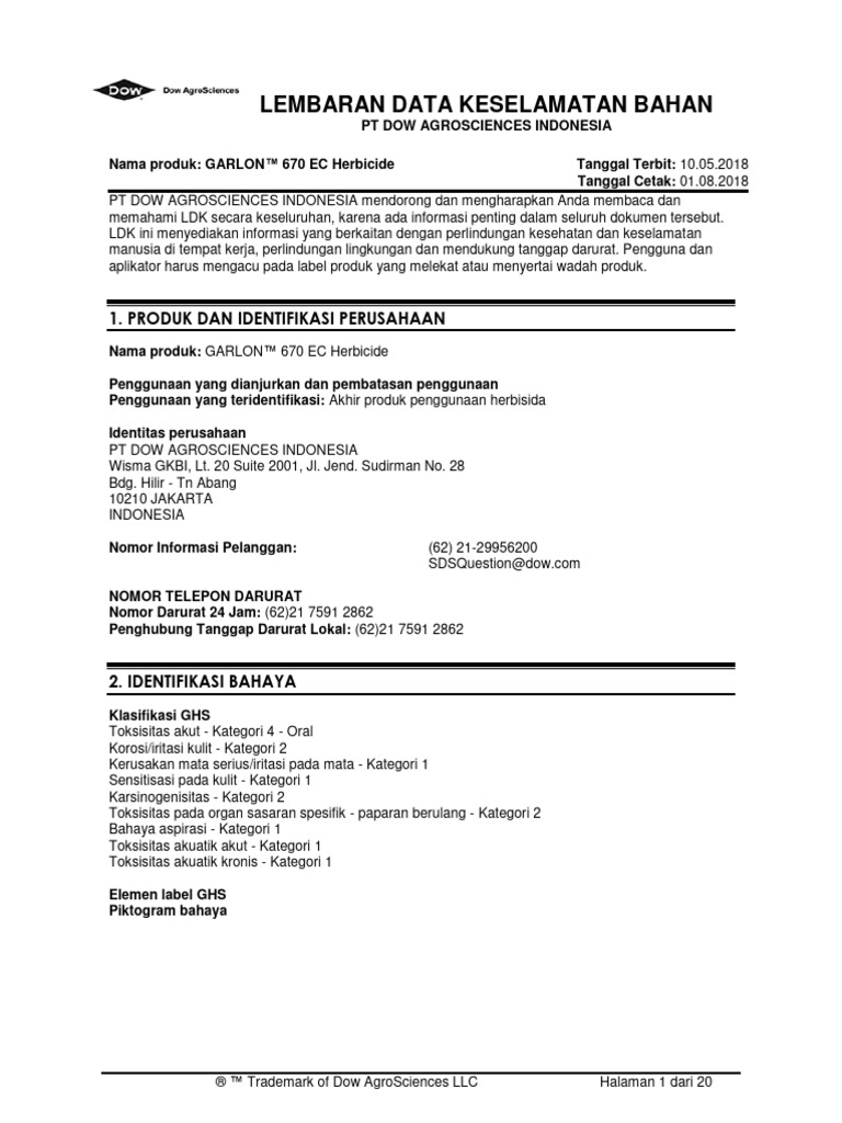 MSDS Garlon 670EC (In Bahasa) | PDF