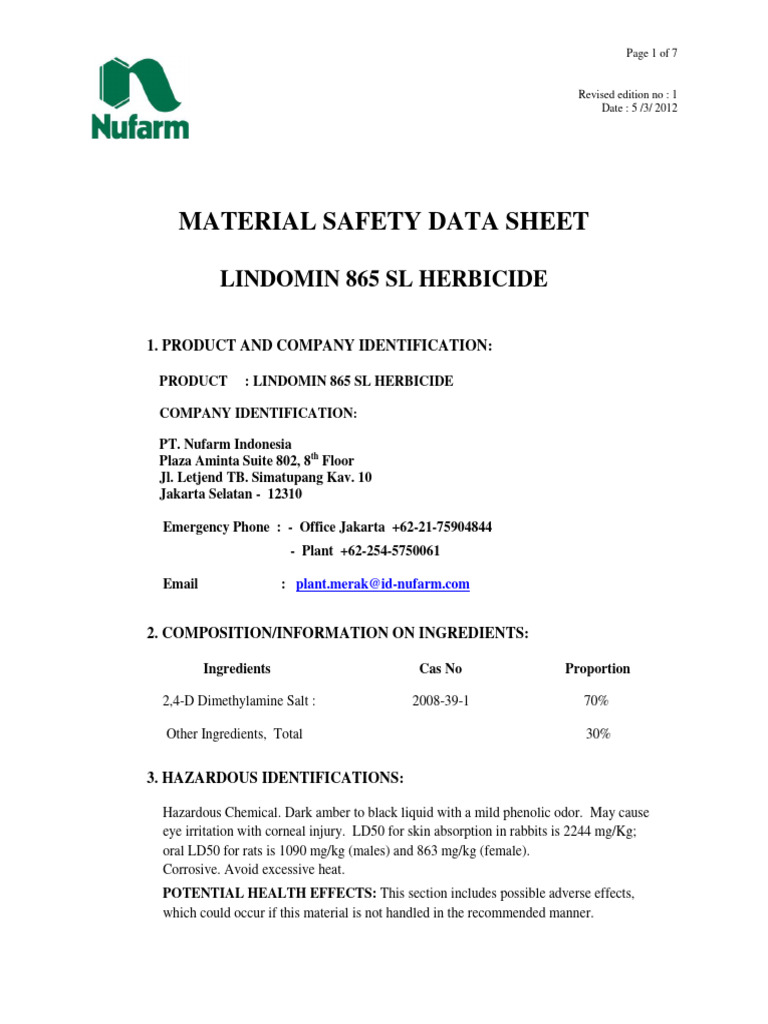 MSDS Lindomin 865 SL | PDF | Personal Protective Equipment | Water