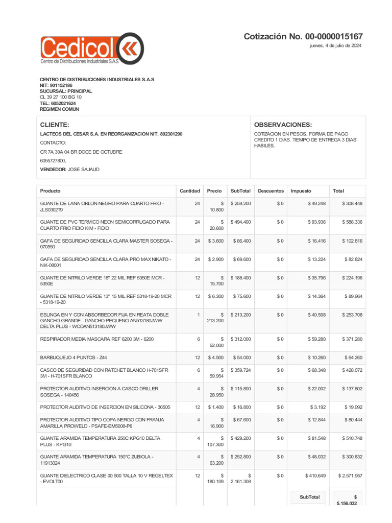 Cotizacion 00 15167 | PDF