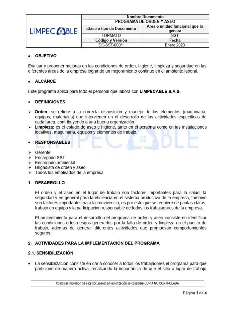 DC-SST-009 Programa de Orden y Aseo | PDF | Higiene | Business