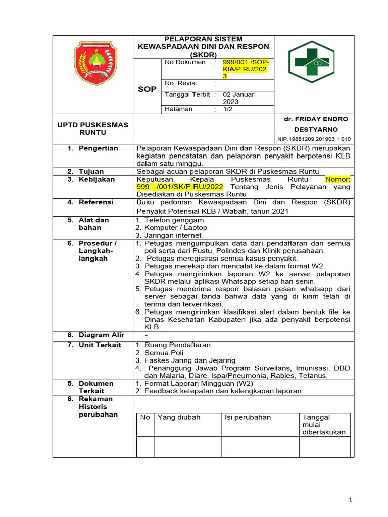 SOP Pelaporan SKDR di Puskesmas Runtu | PDF