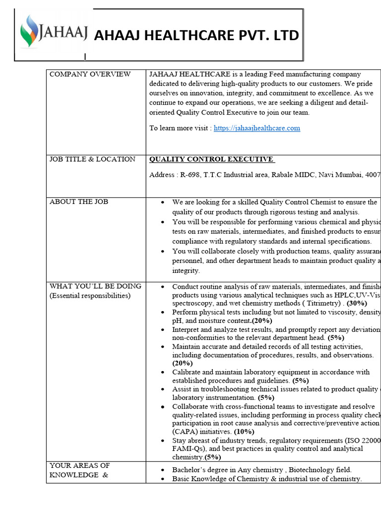 Quality Control Executive at Jahaaj Healthcare | PDF | Chemist