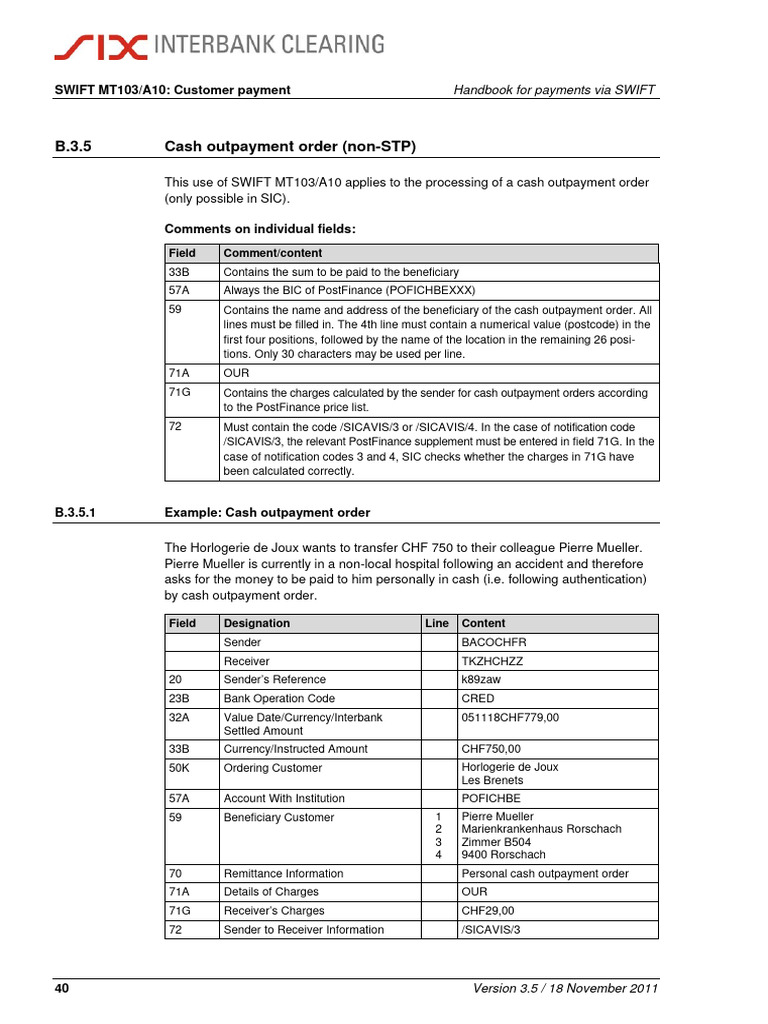 SWIFT MT103/A10 Cash Outpayment Guide | PDF | Cash | Banking Technology