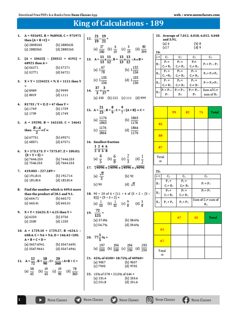 King of Calculations Sheet - 189 | PDF