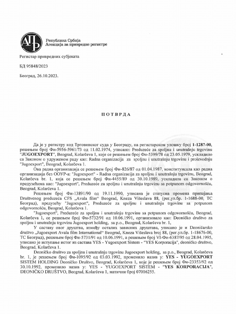 Yugoexport APR Izvod | PDF