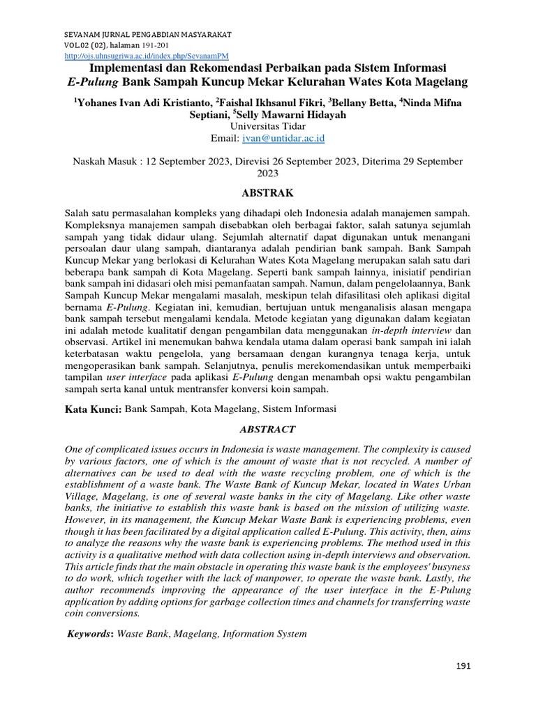 Implementasi Dan Rekomendasi Perbaikan Pada Sistem Informasi E-Pulung Bank Sampah Kuncup Mekar | PDF