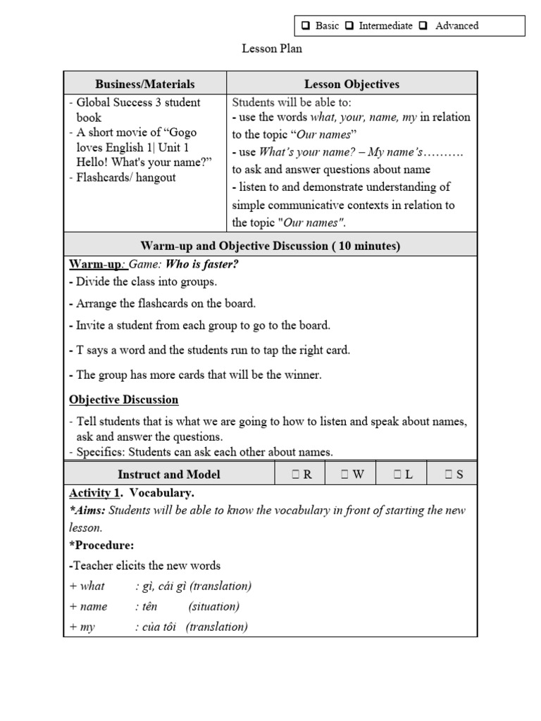 Lesson Plan: Asking Names in English | PDF | Cognition | Learning